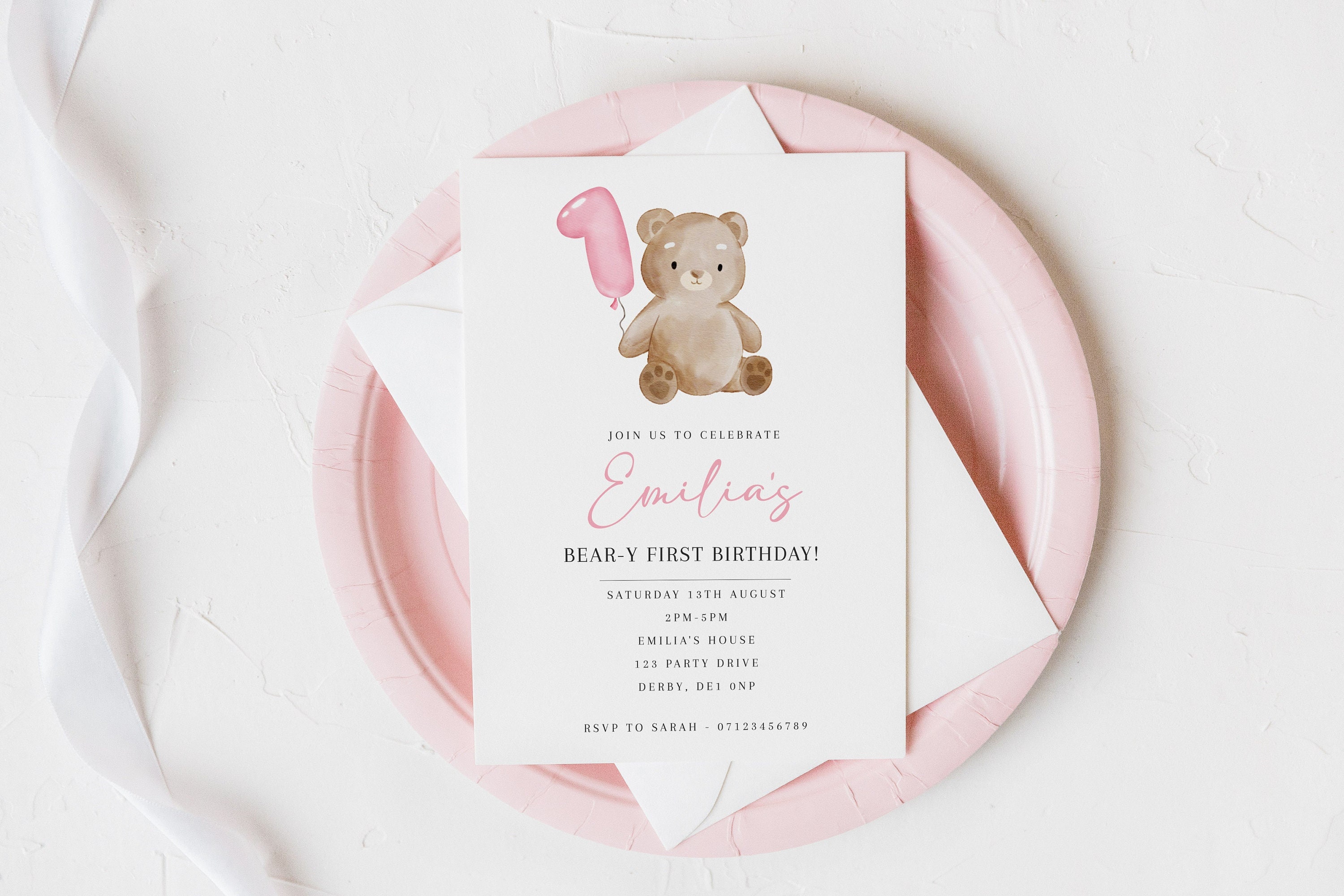 Editable Bear 1st Birthday Photo Party Invite, Pink Bear First Birthday ...
