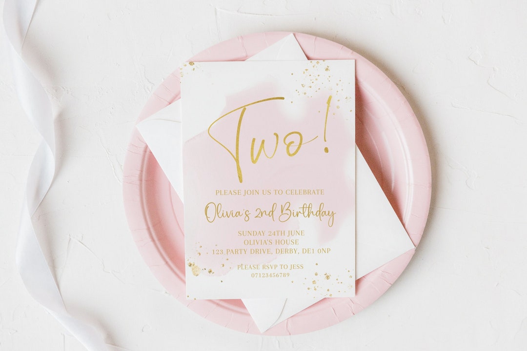 Editable 2nd Birthday Party Invite, Pink Girls Invite, Blush Pink Gold ...