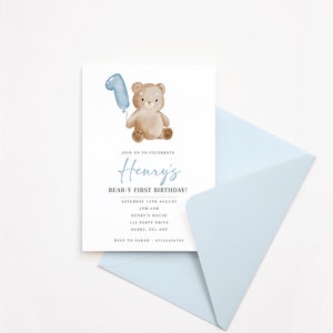 Editable Bear 1st Birthday Party Invite, Blue Bear Invite, Boys First ...