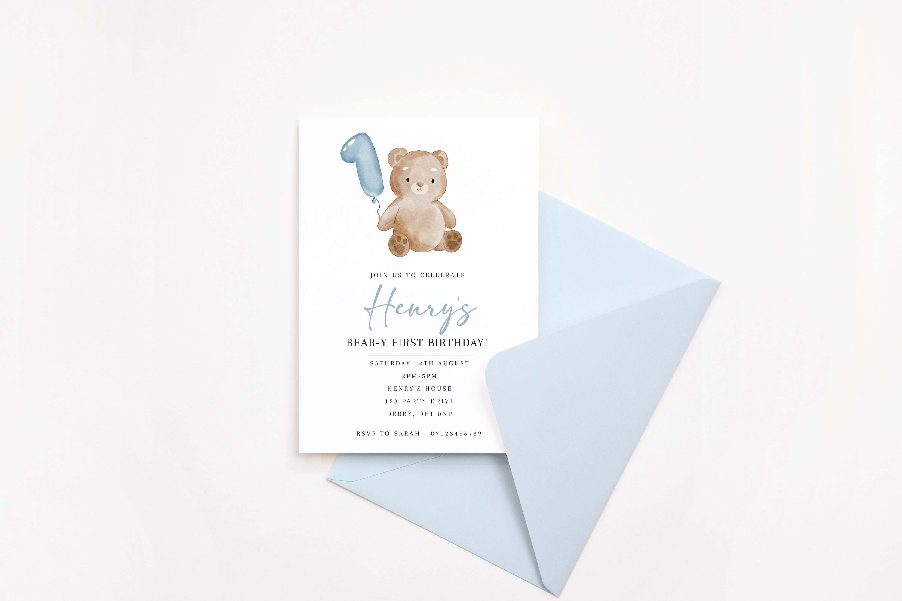 Editable Bear 1st Birthday Party Invite, Blue Bear Invite, Boys First ...