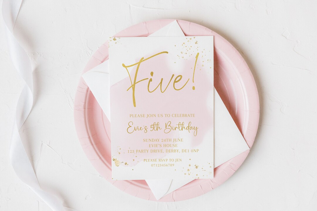 Editable 5th Birthday Party Invite, Pink Girls Invite, Blush Pink Gold ...