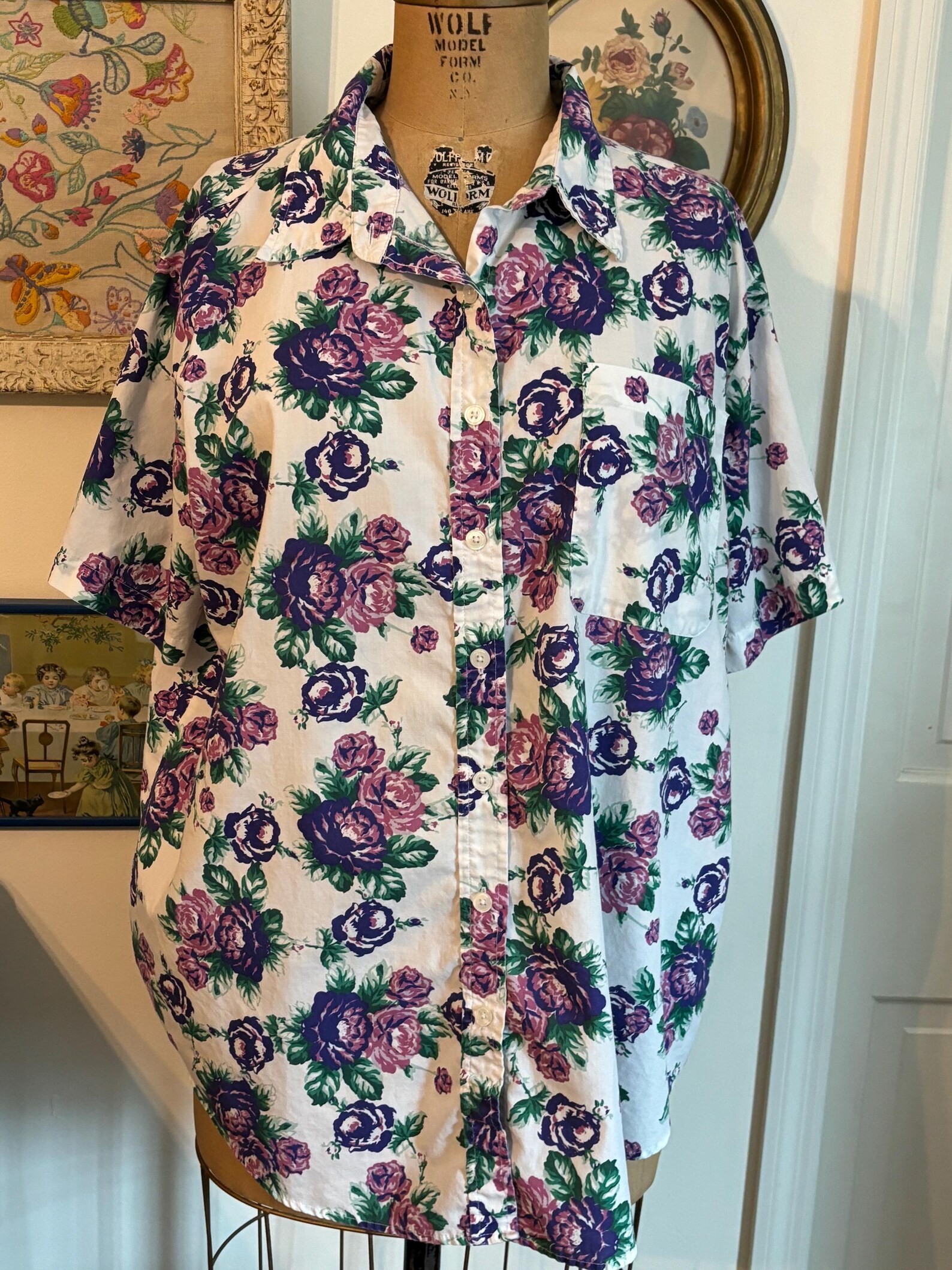 Purple Roses Button Down Top Basic Editions Sz 22 Volup Friendly Floral ...