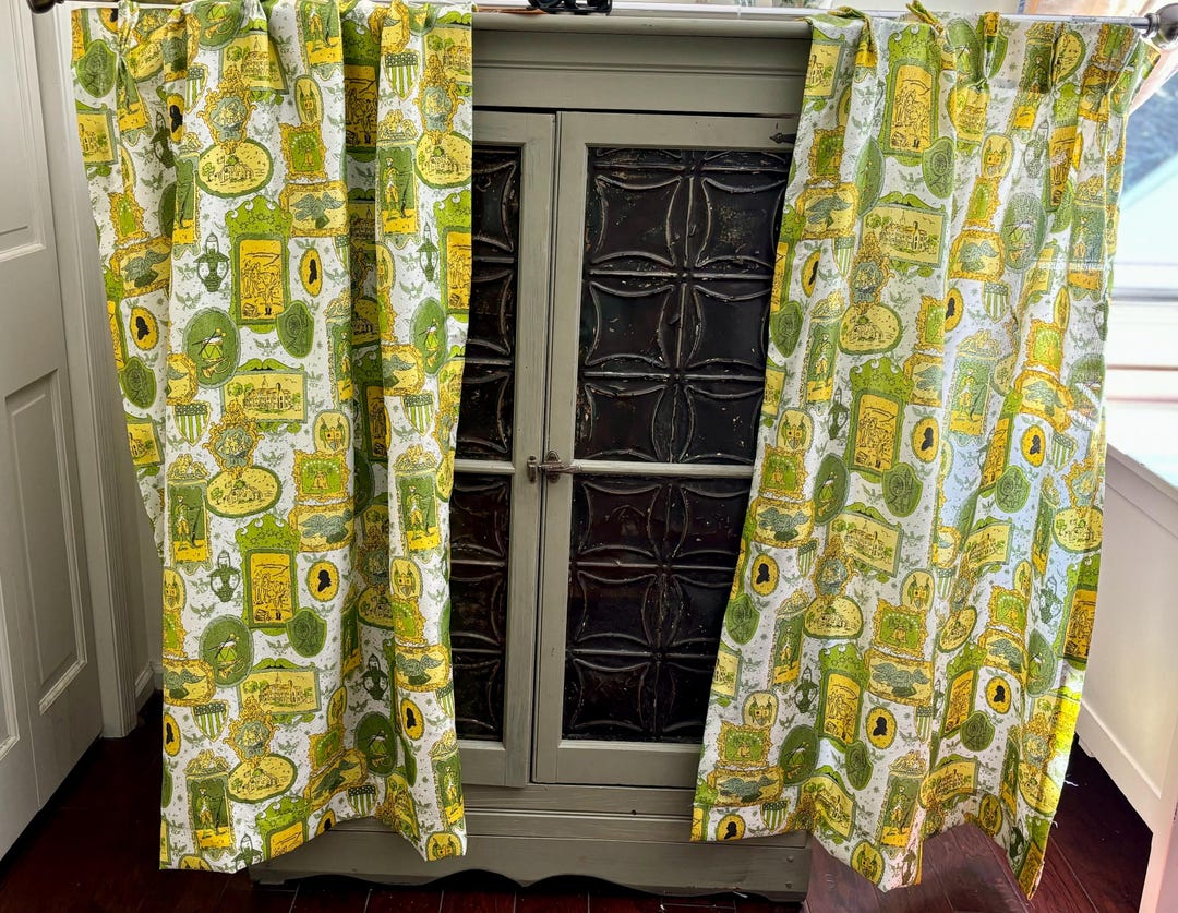 MCM Vintage Revolutionary War Curtains Green Yellow Colonial Americana ...