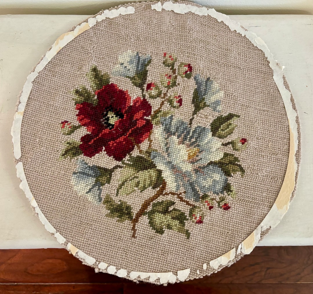 Large Vtg Embroidered Flower Wall Art Round Embroidered Flowers ...