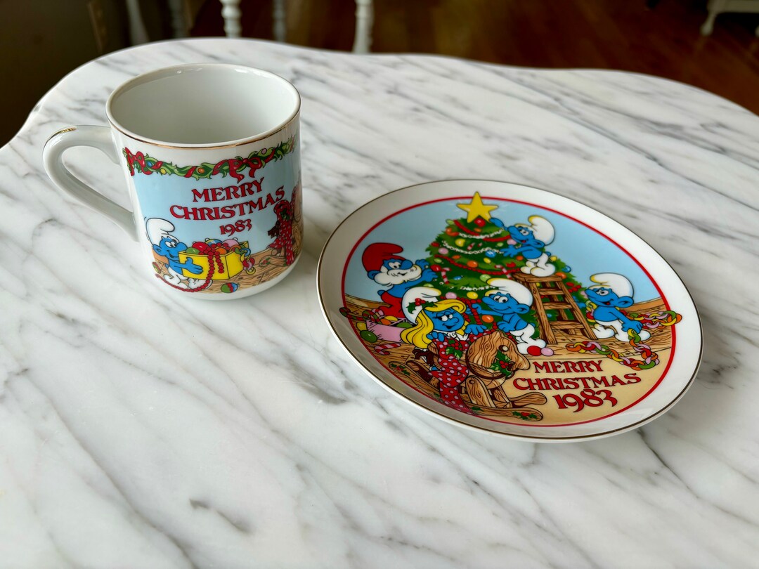 Retro 1983 Xmas Smurf Porcelain Plate and Mug Dish Collectible Smurf ...