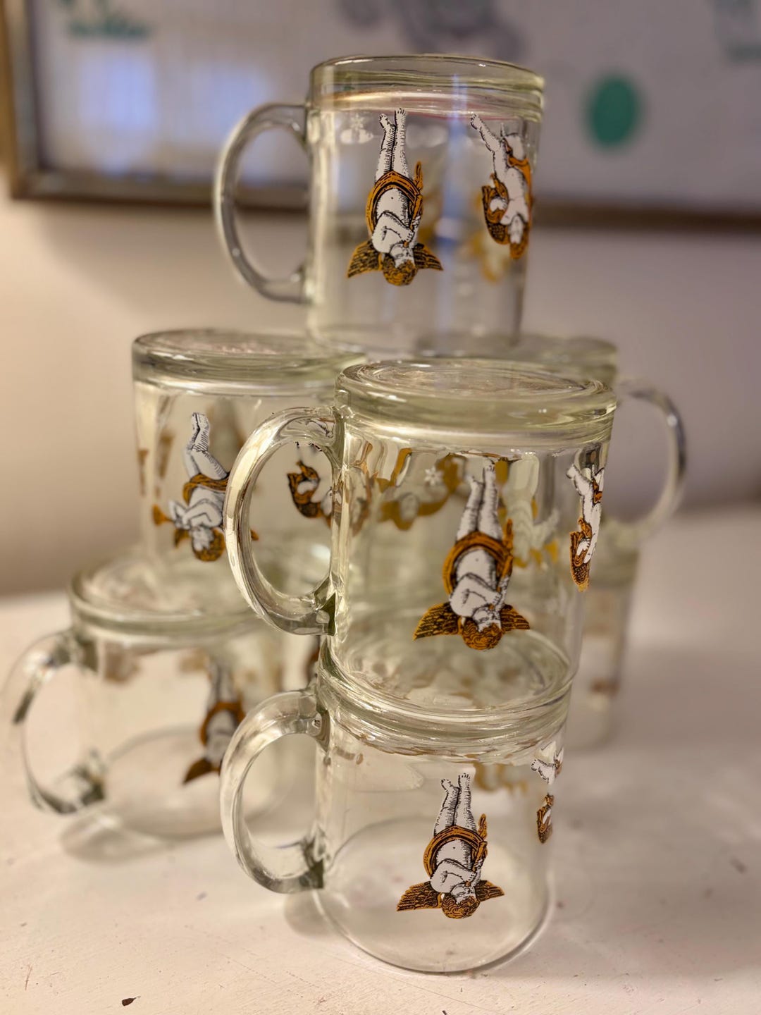 Vtg Angel Sirens Coffee Cup Mug Set of 8 Gold Angels on Glass Mugs ...