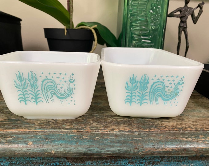 Vintage Made in USA Pyrex Butterprint Fridgie 2 Piece Set Blue Rooster ...