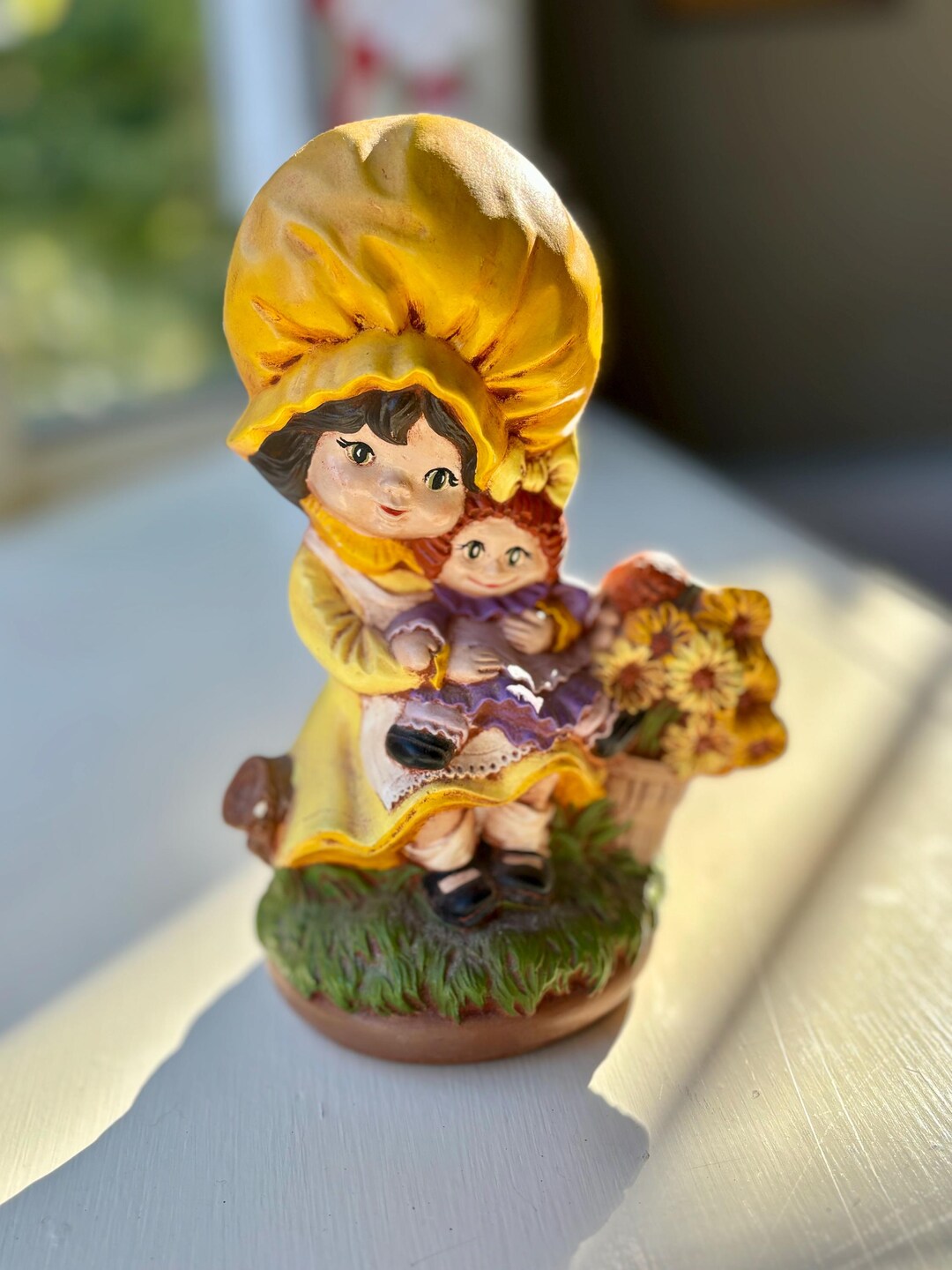 Sun Bonnet Girl Figurine 1975 Sunflowers Yellow Sun Bonnet Hand Painted ...