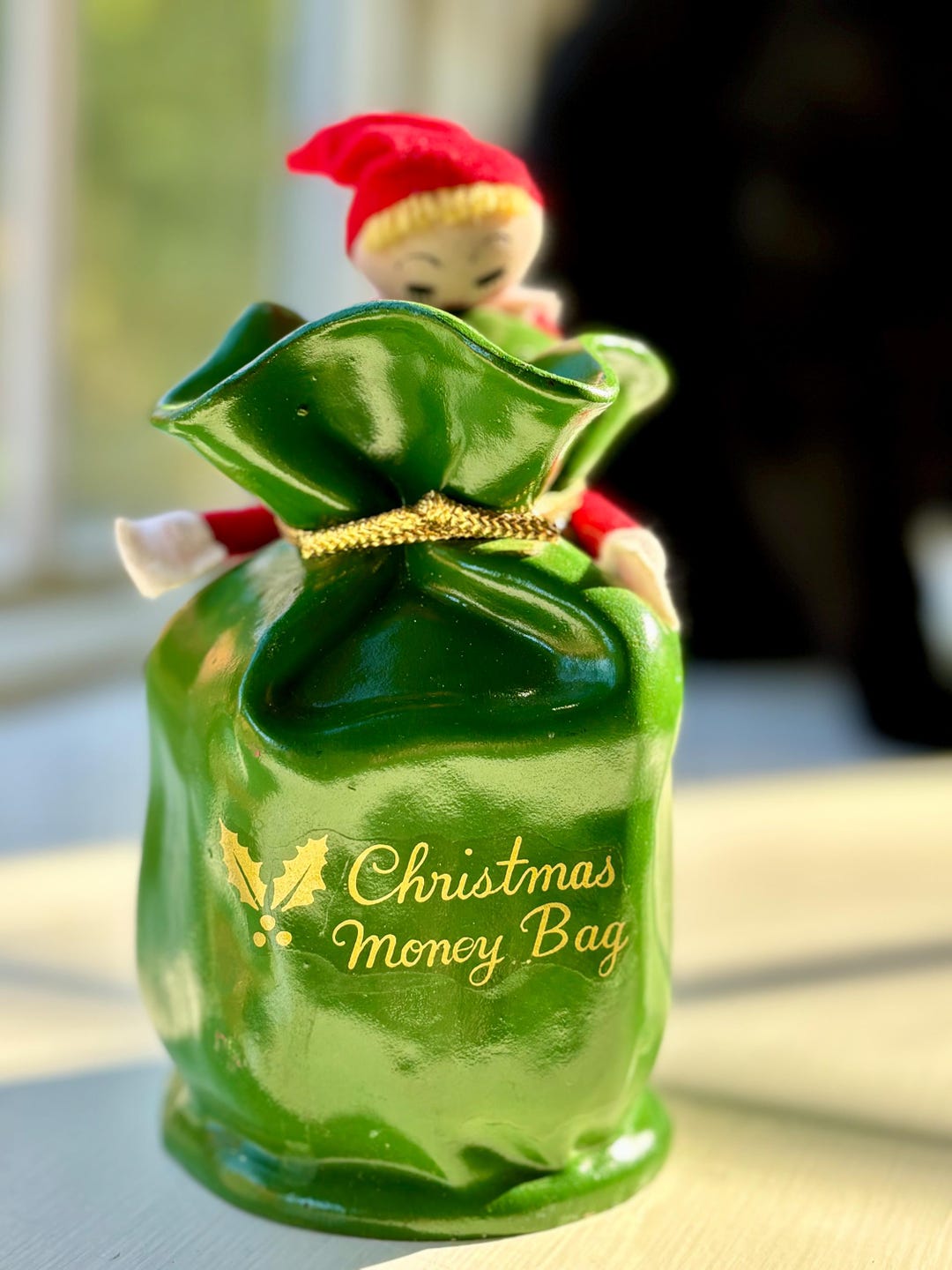 MCM Elf Pixie Money Bag Bank Christmas Money Bag Green Sack Ceramic ...