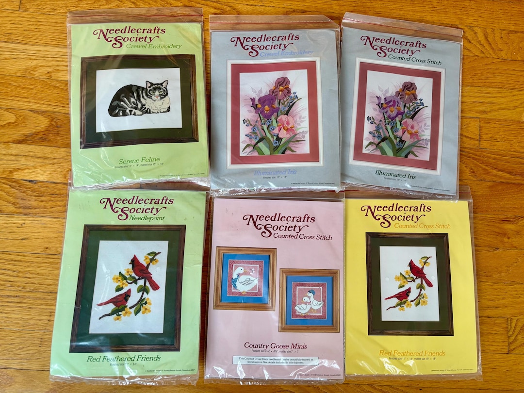 Vtg Needlecraft Society Crewel Kits You Choose: Cat, Iris, Cardinal ...