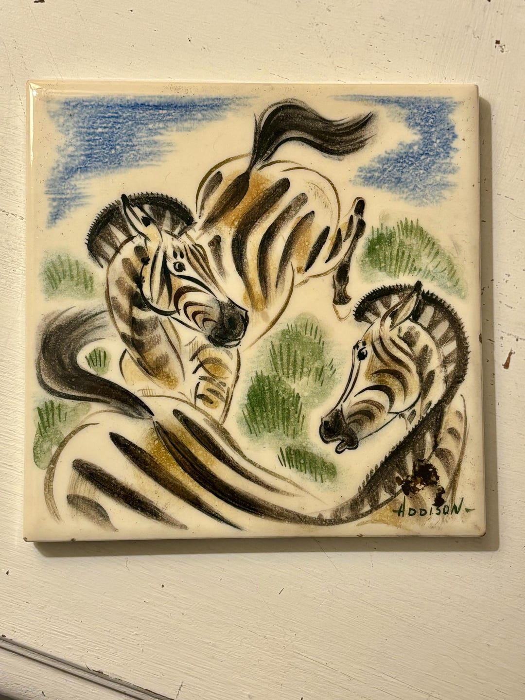 Zebra Art Ceramic Hand Painted Tile by Artist Addison 2 Zebras Tile Art ...