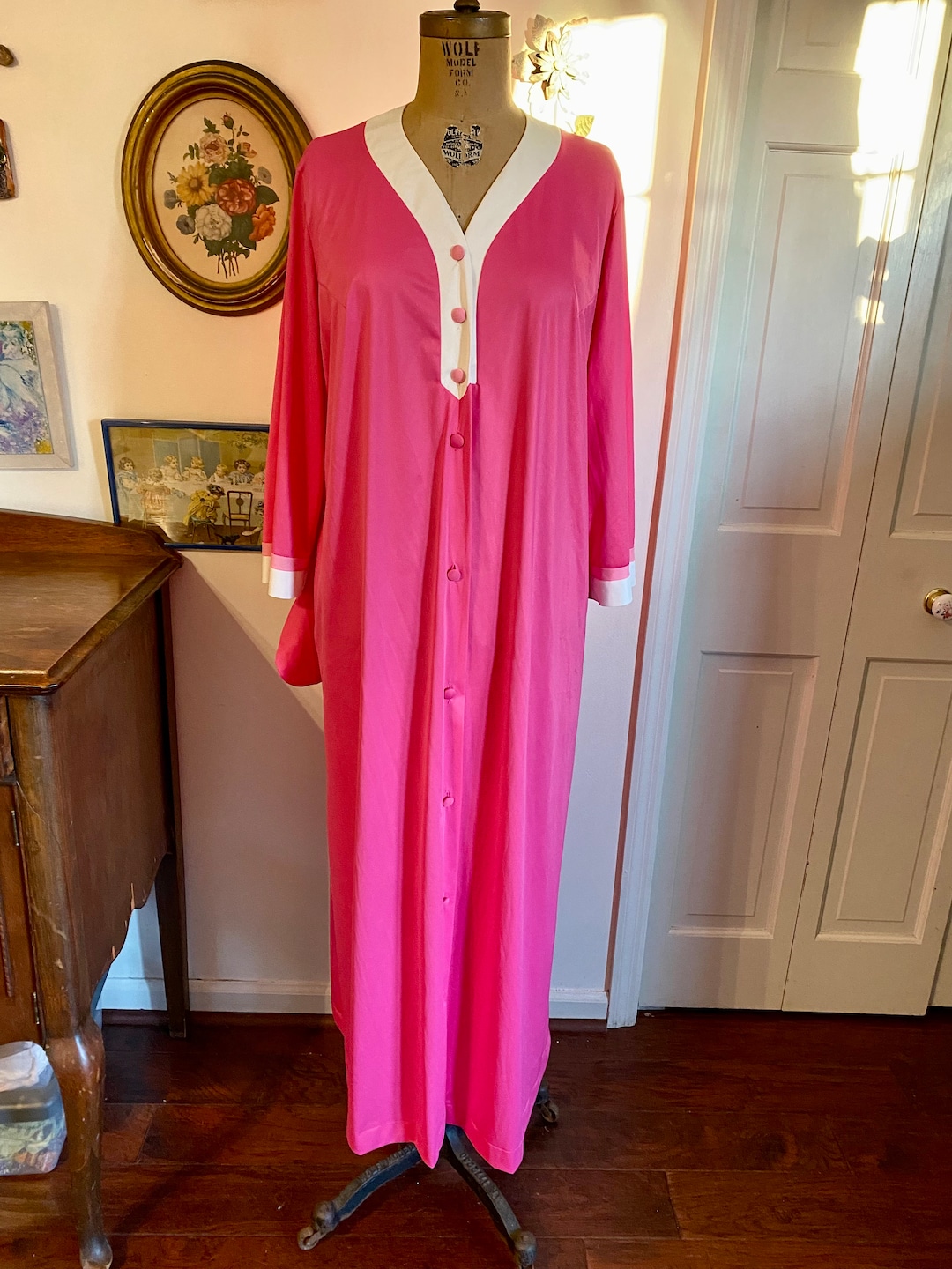 Vintage 70s Sears Nylon Kaftan Robe Mumu Nightgown Pink Ombré Mrs Roper ...