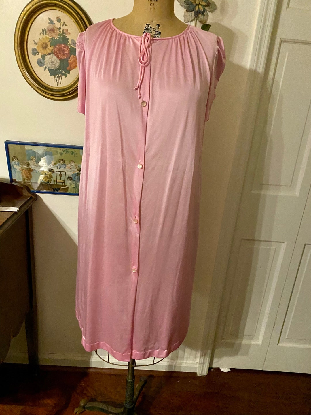 Vintage Slinky Pink Nylon Housecoat Housedress Nightgown Button up Lace ...