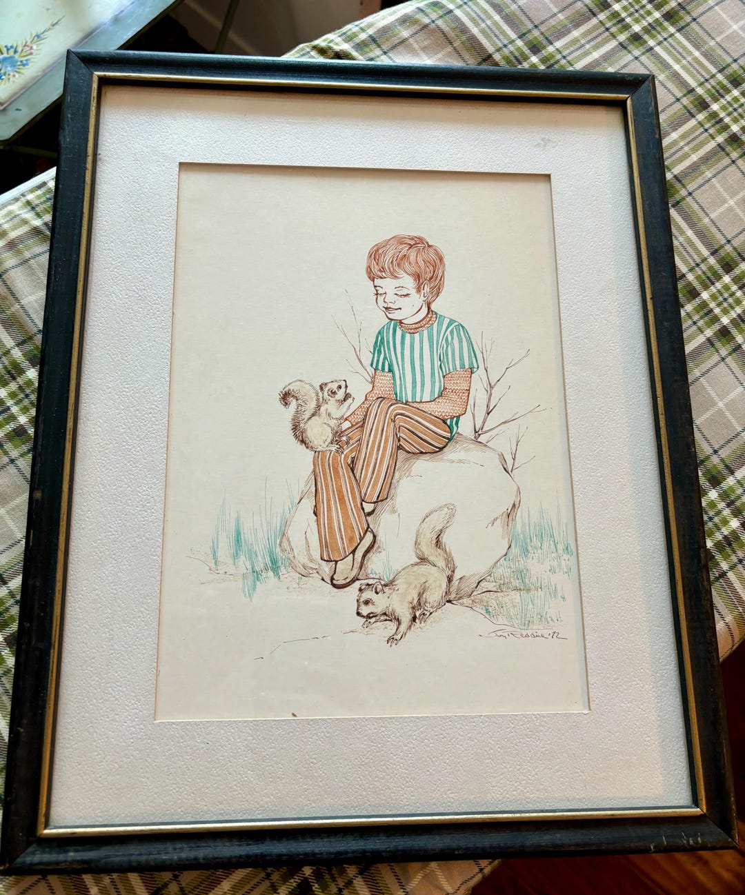1972 Hippie Boy and Squirrels Painting Bell Bottoms 70s Kid Watercolor ...