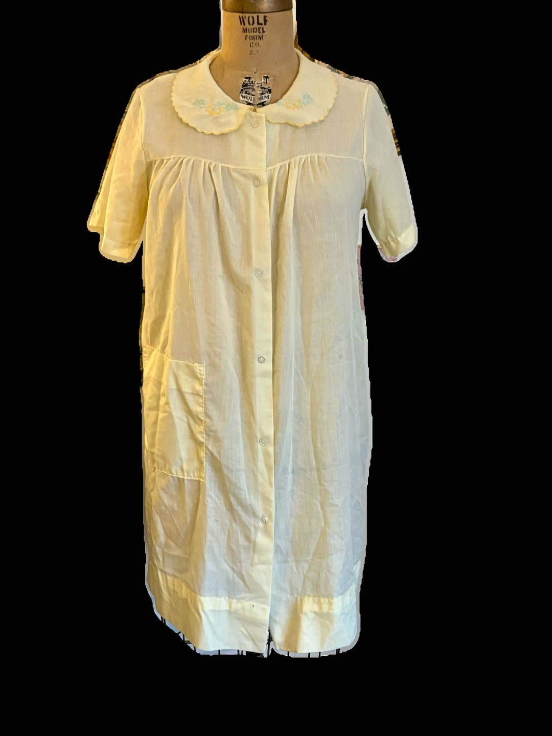 Katz Yellow 60s House Coat Nap Dress Robe Mumu Snaps Embroidered Peter ...