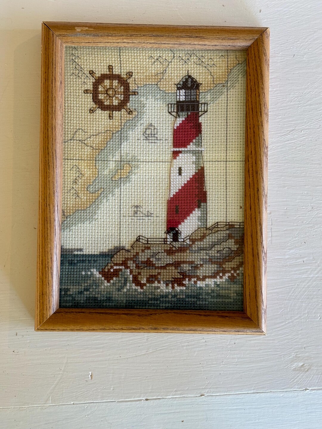Lighthouse Cross Stitch Framed Wall Art Ocean Boat Compass Cross Stitch ...