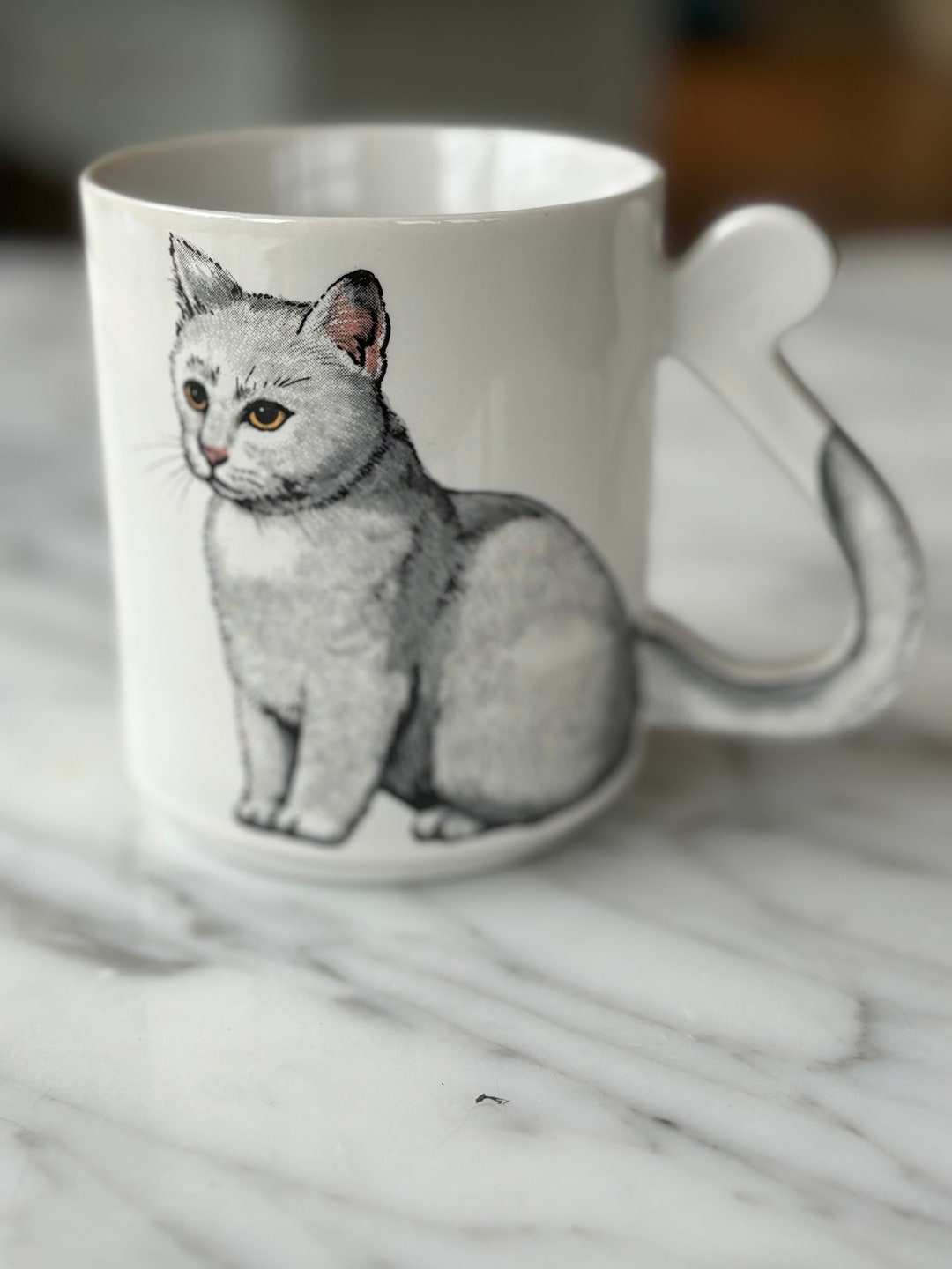 Vtg 80s Cat Mug Tail Handle Grey Cat Mug Japan Crazy Cat Lady Supplies ...