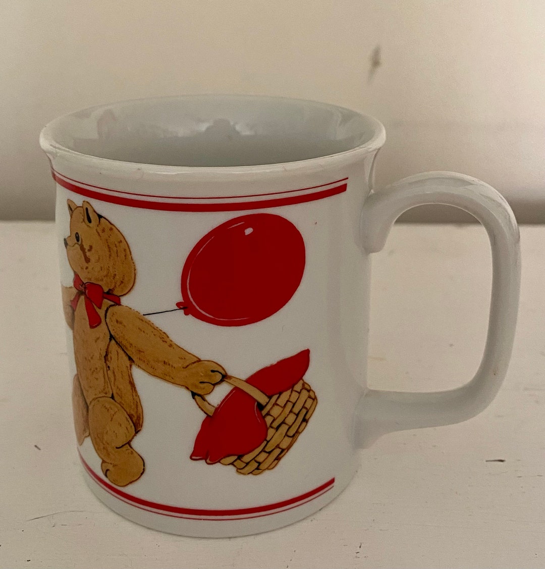 Vintage Retro Teddy Bear Red Heart Mug Coffee Cup Red Balloon Valentine ...