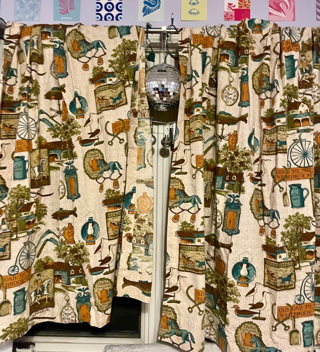 2 Vintage MCM Barkcloth Curtains Designed With Horse George Washington ...