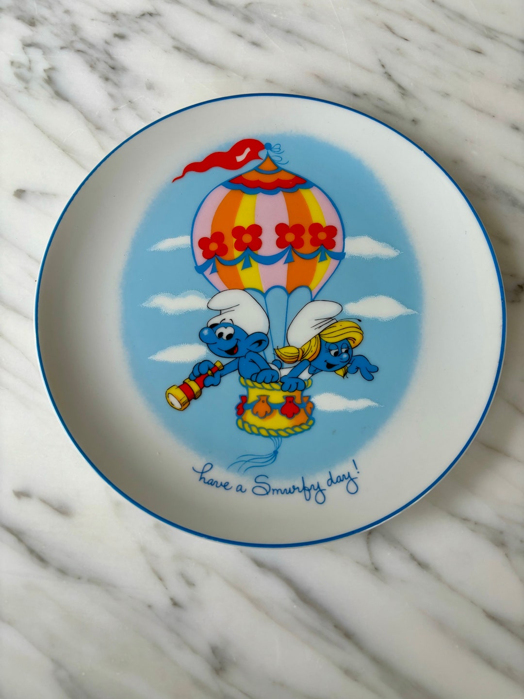 Retro Smurf Porcelain Collectible Plate Hot Air Balloon Have a Smurfy ...