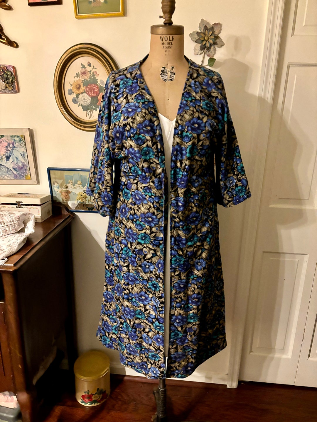 Vintage Mid Century Purple Blue Floral Handmade Duster One of a Kind House Coat 1950s Boho ...