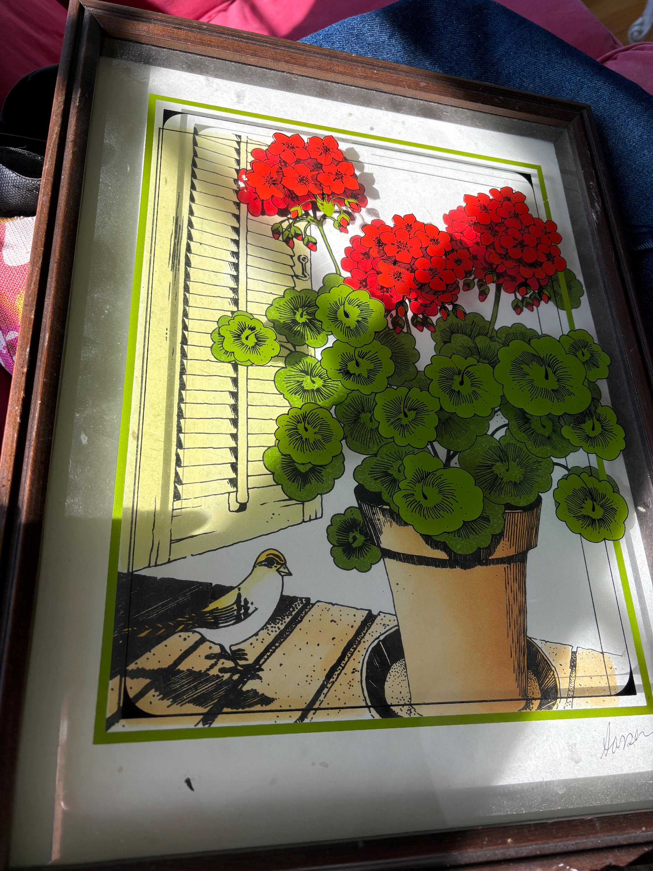 MCM Reverse Glass Red Geranium Still Life With Goldfinch 3D Effect ...