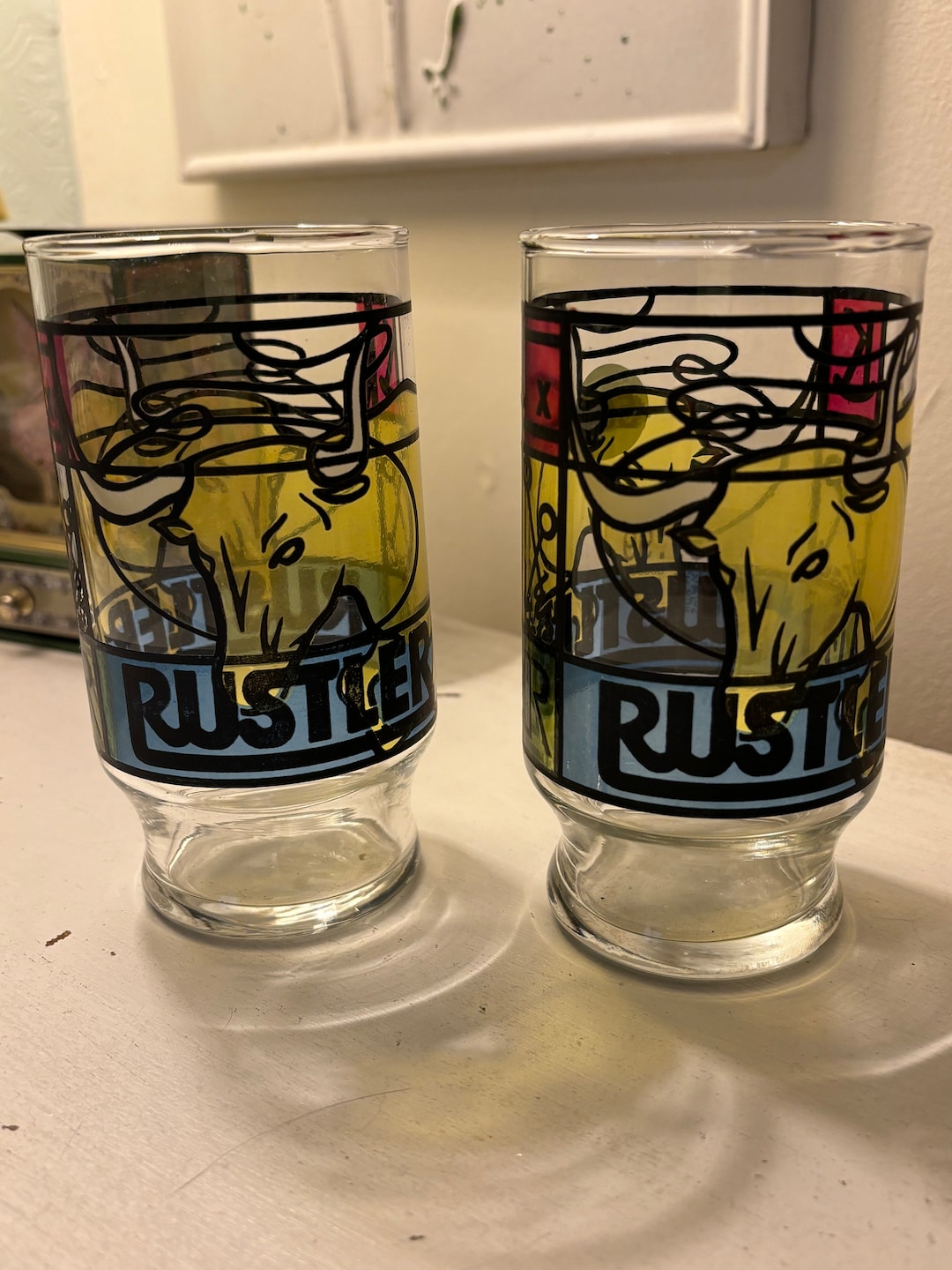 Vintage Rustler Root Beer Stained Glass Look Beer Drinking Glasses ...