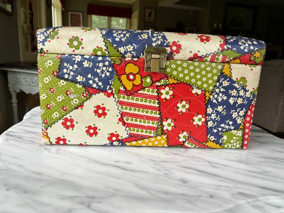 Vintage 60s Patchwork Vinyl Sewing Box Glitter Gold Lucite Handle Chest Case Makeup Case Cats ...