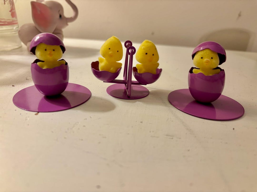 80s Flocked Chicks in Metal Egg and Metal See Saw Russ Berrie Co - Etsy