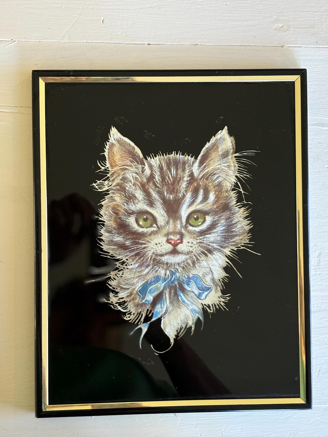 Kafka Cat Engraved Foil Art Blue Bow 80s Kitten Screened Etching - Etsy