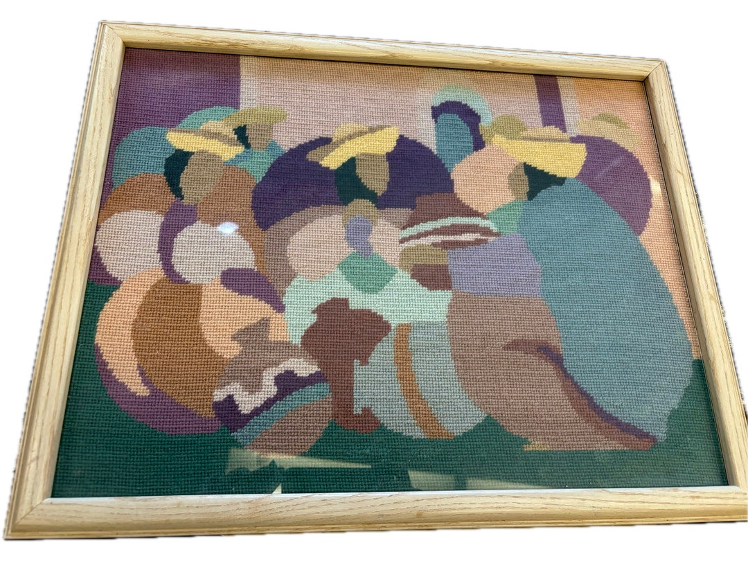 Vtg Aztec Pueblo Southwest Embroidered Art Men in Ponchos Needlepoint ...