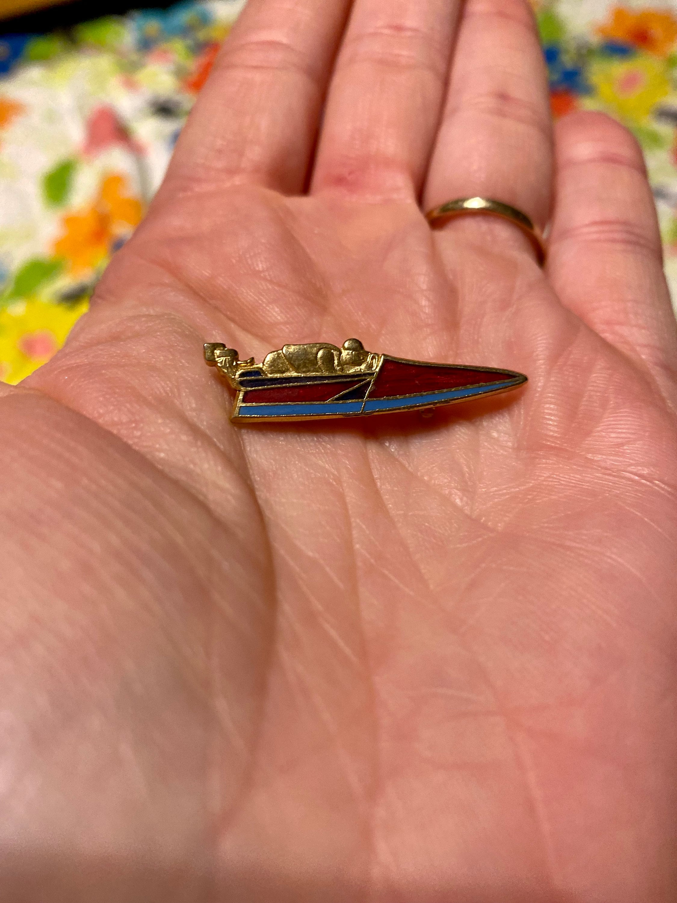 Vintage Red Blue Gold Toned Speedboat Pin Brooch Man Inside - Etsy