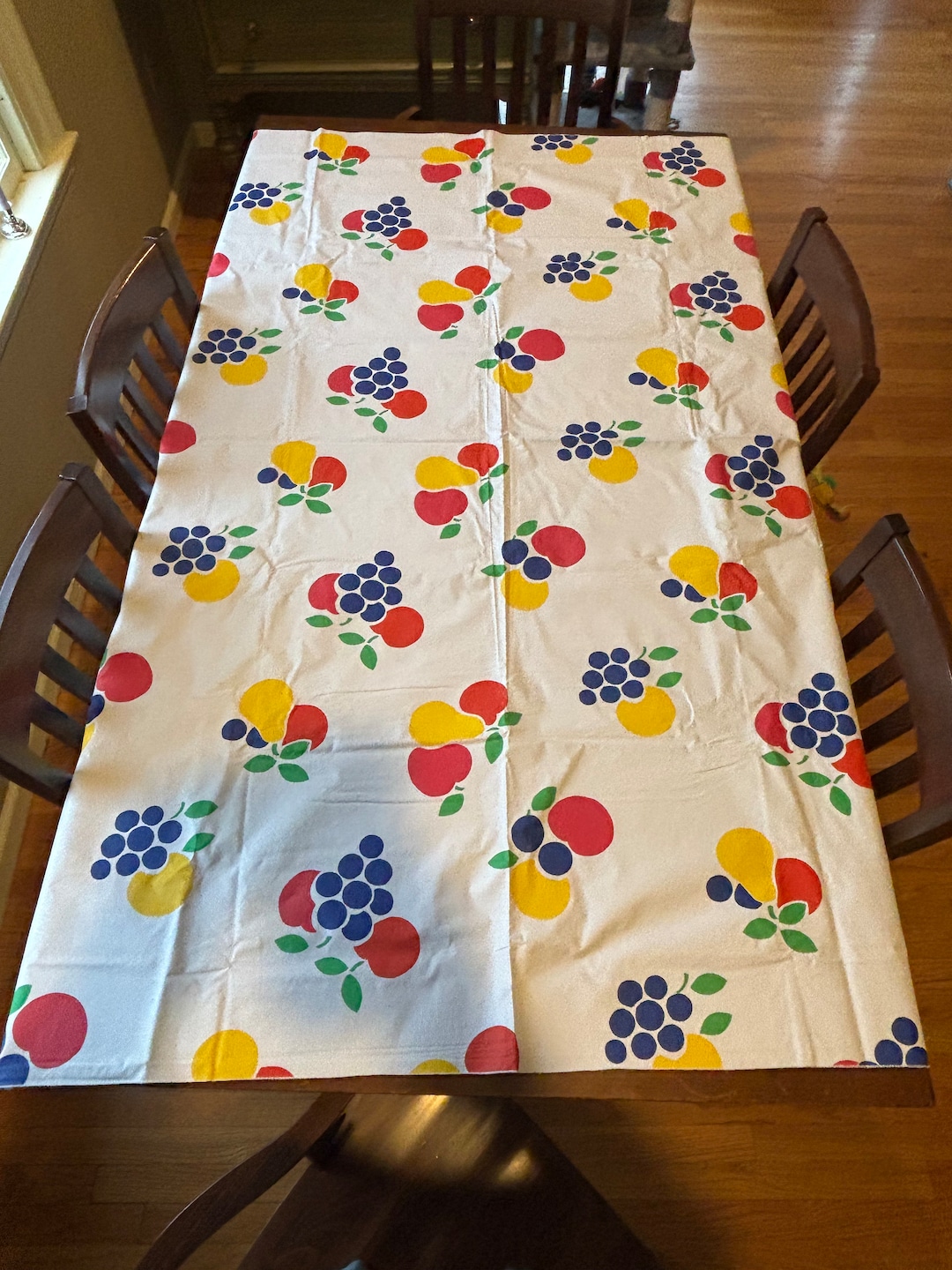 Vintage 70s Primary Color Fruit Themed Vinyl Table Cover Felt Bottom Grapes Lemons Apples 52 X ...