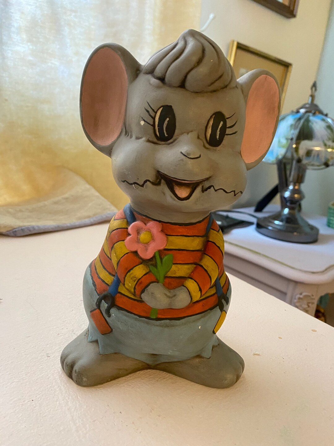 Vintage 60s 70s Mouse Holding Pink Flower Piggy Money Bank Striped ...