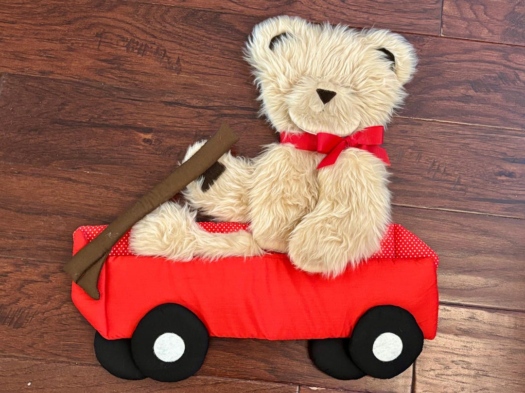 80s Teddy Bear in Wagon Plush Nursery Wall Art Vintage Furry Teddy Wall ...
