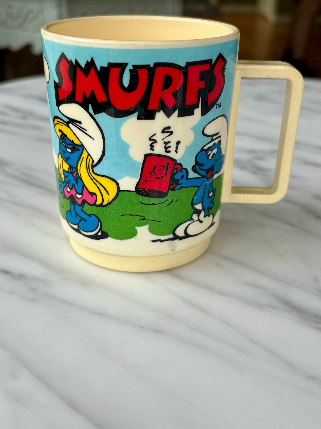 Vtg 1980 Plastic Smurf Cup With Handle Mug Smurfette Deka Elizabeth, NJ ...