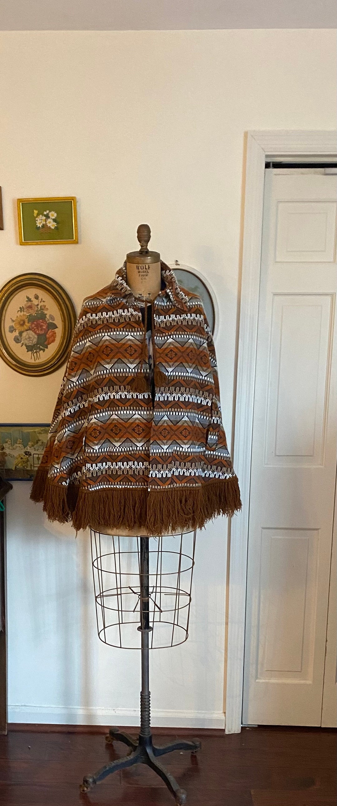 Vintage 70s Poncho Black White Brown Fringed Poncho With Sleeves Made ...