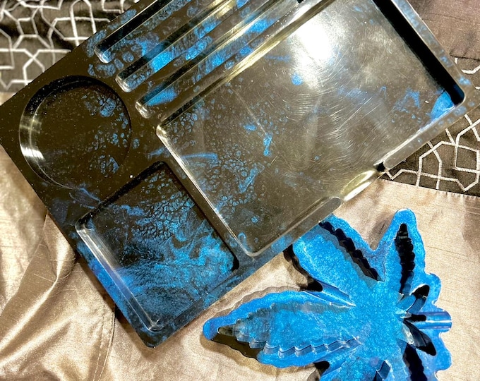 Black and Blue Rolling Tray & Leaf Ash Tray - Resin Rolling Tray ...