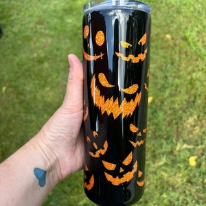 Jack-o-lantern Tumbler - Pumpkin Faces Peekaboo Glittered Resin 30oz ...