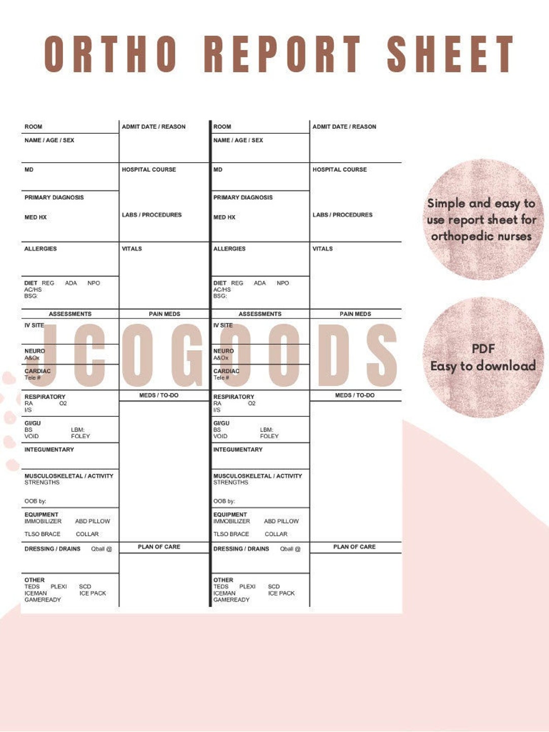 Ortho Nursing Brain Sheet *NO COLOR* | Report SBAR Simple Two Patients ...