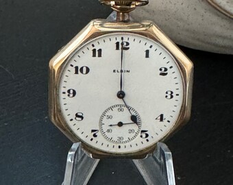 Complete 100 Year Old ELGIN 1923 Antique Vintage POCKET WATCH With Chain and Knife White and ...