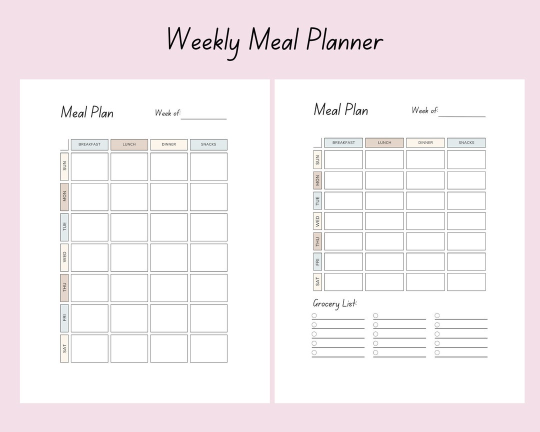 Weekly Meal Planner | Sunday and Monday Start | Eight Different Designs ...