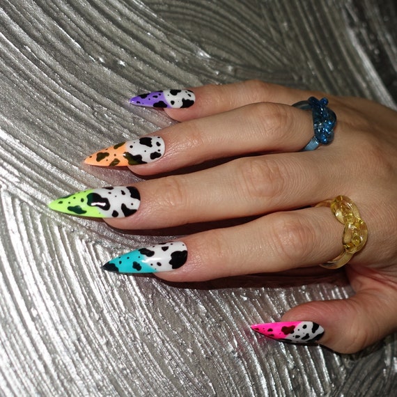NEON COW Print Press on Nails French Tip Nails Reusable - Etsy