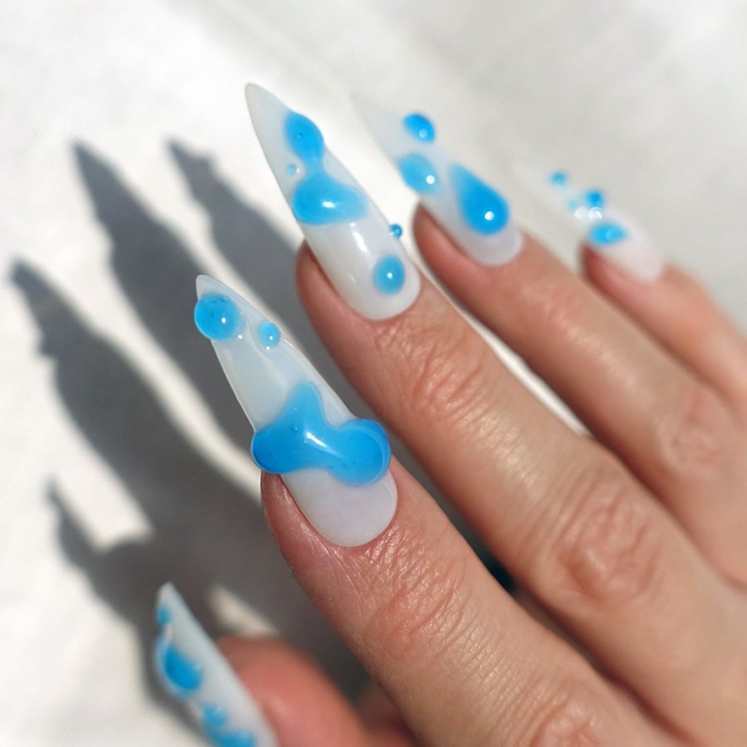 3D Sky Blue Blob Press on Nails: Glow in the Dark, Long Stiletto - Etsy