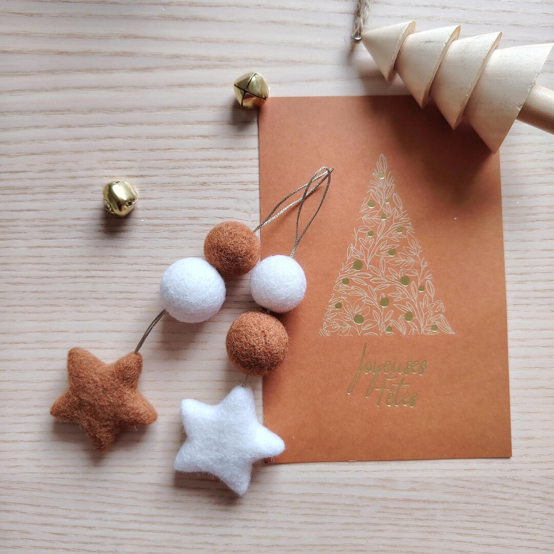 Felted Wool Star and Ball Tassels, Natural Christmas Decorations, Tree ...