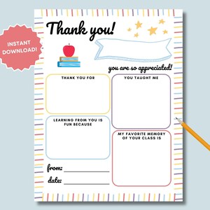 Teacher Appreciation Printable Thank You Note Card Teacher Appreciation ...