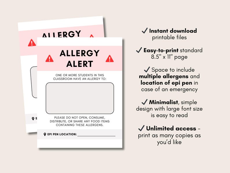 Office Allergy Alert Sign: Printable Employee Medical Warning (PDF, PNG ...