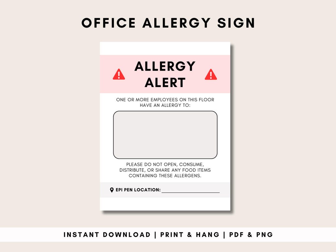 Office Allergy Alert Sign: Printable Employee Medical Warning (PDF, PNG ...