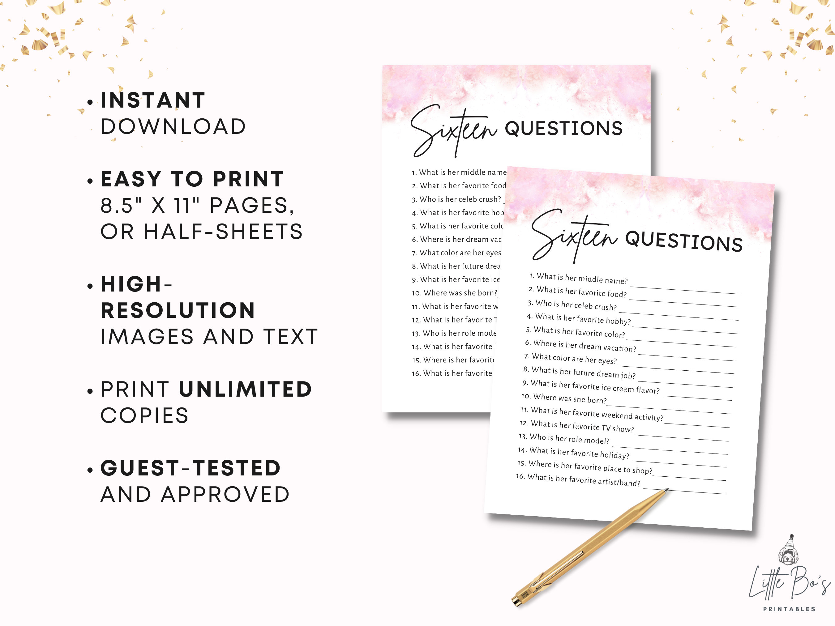 Sweet 16 Sixteen Questions Game, Sixteenth Birthday Printable, Bday ...