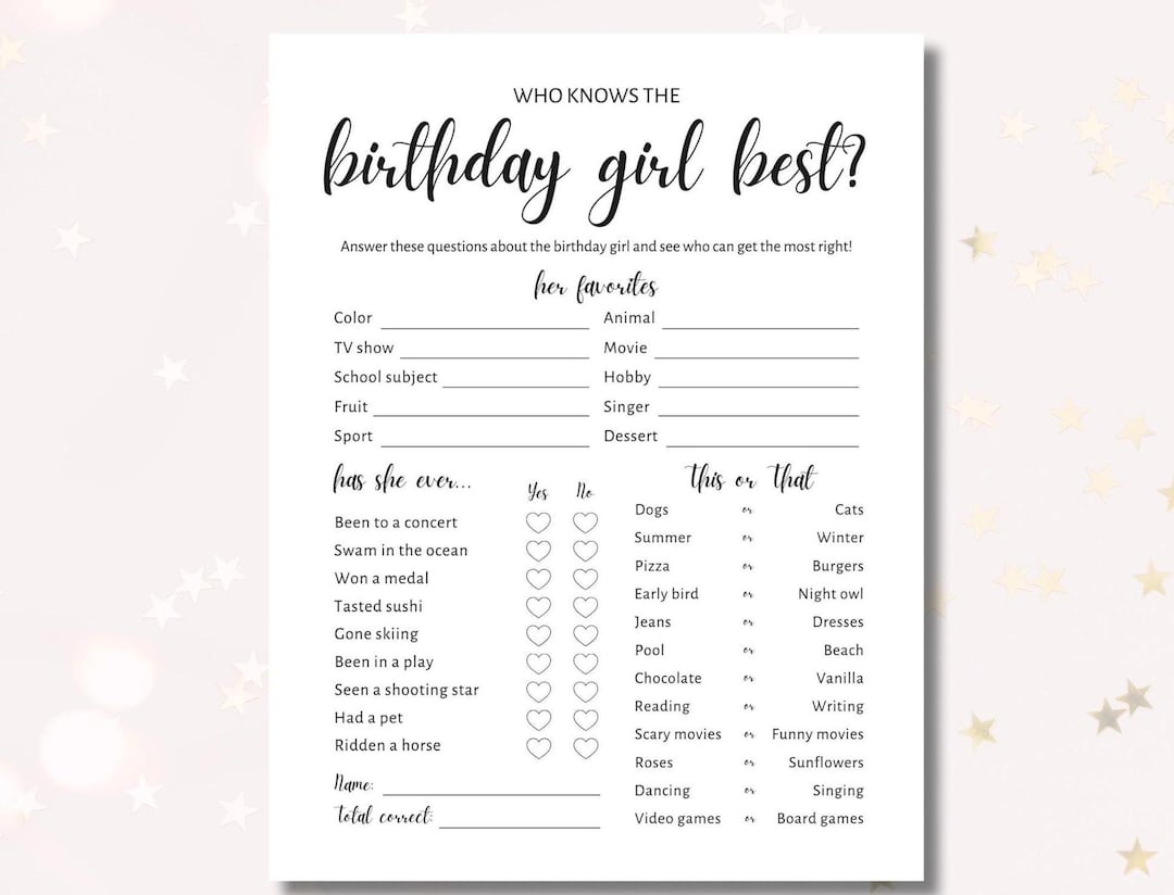 Birthday Girl Trivia Game: Fun Bday Party Quiz (printable PDF) - Etsy
